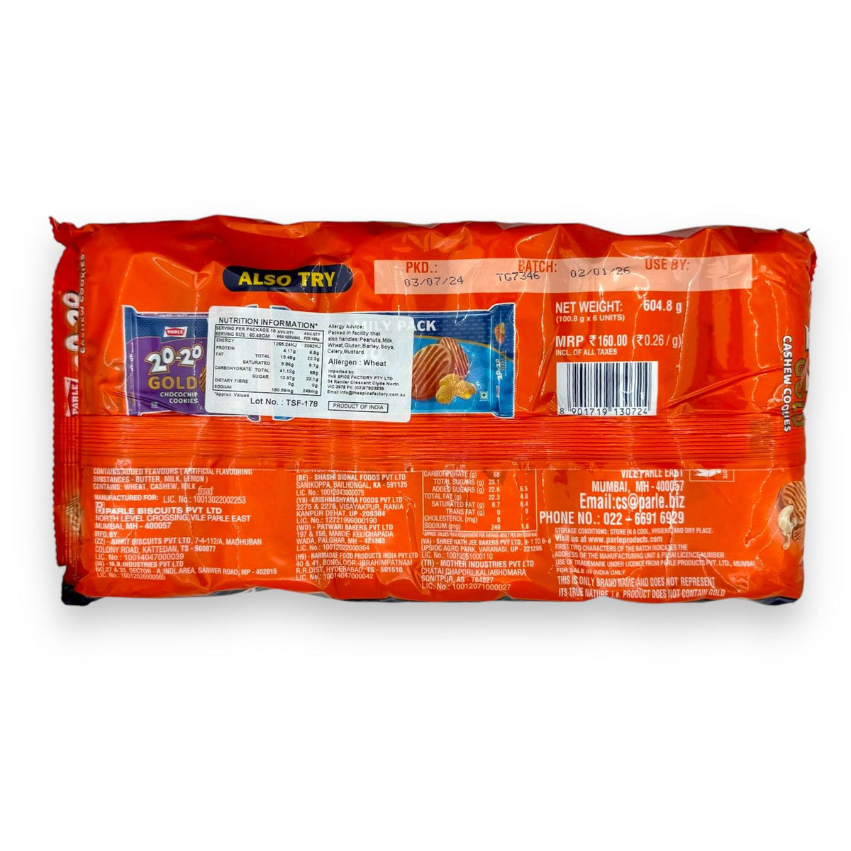 Buy Parle 20-20 Gold Cashew Cookies 604.8Gm from Online Indian Grocery ...