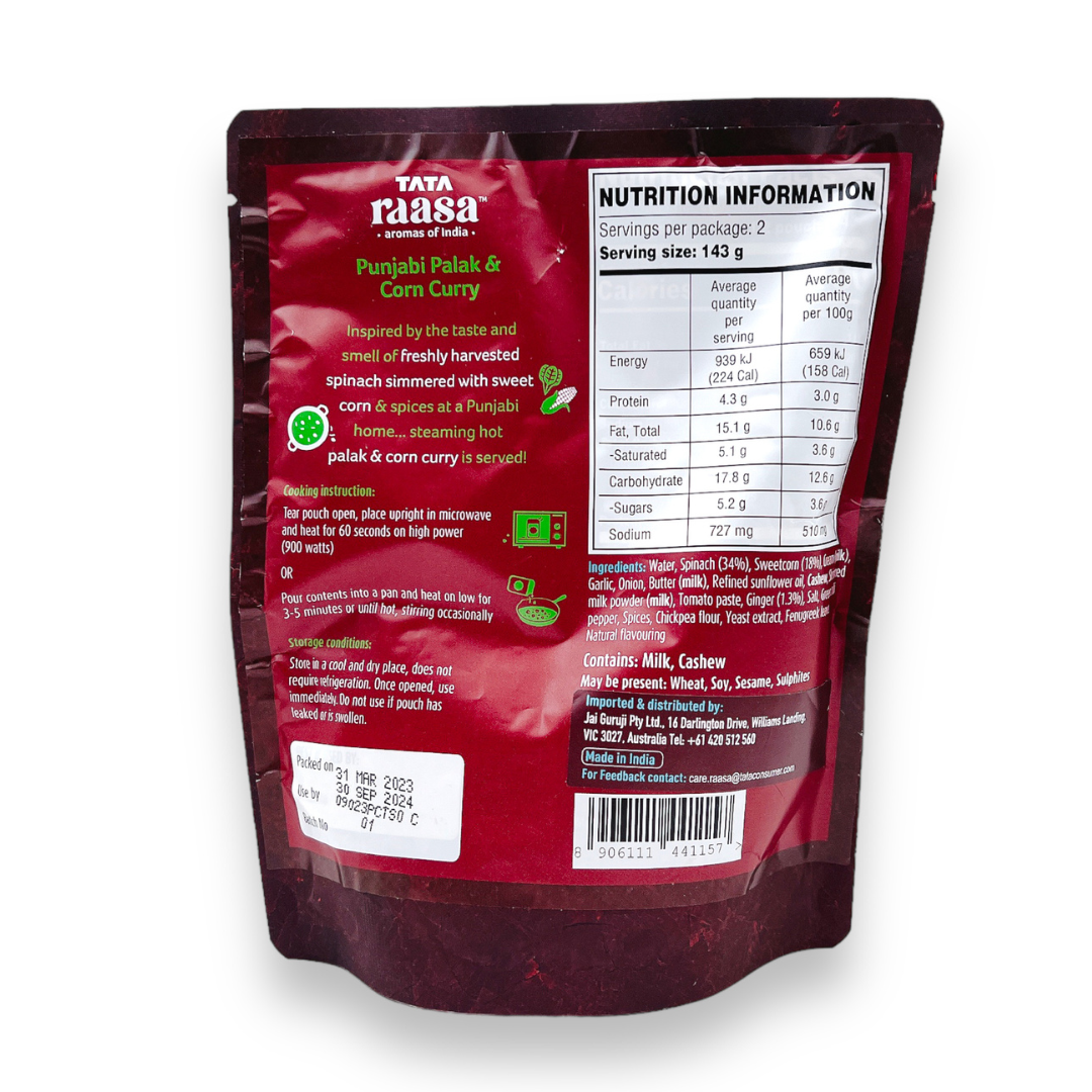 Tata Raasa Punjabi Palak & Corn Curry/ Ready to Eat/ RTE 285gm – India ...